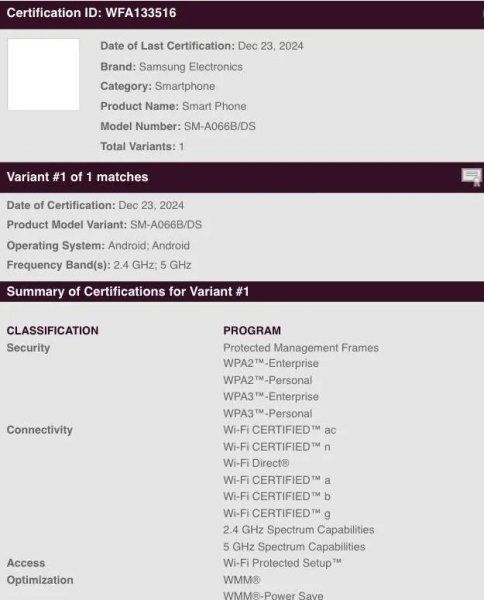 Samsung Galaxy A06 5G เผยข้อมูลบน Wi-Fi Alliance จะเป็นมือถือ 5G รุ่น ...