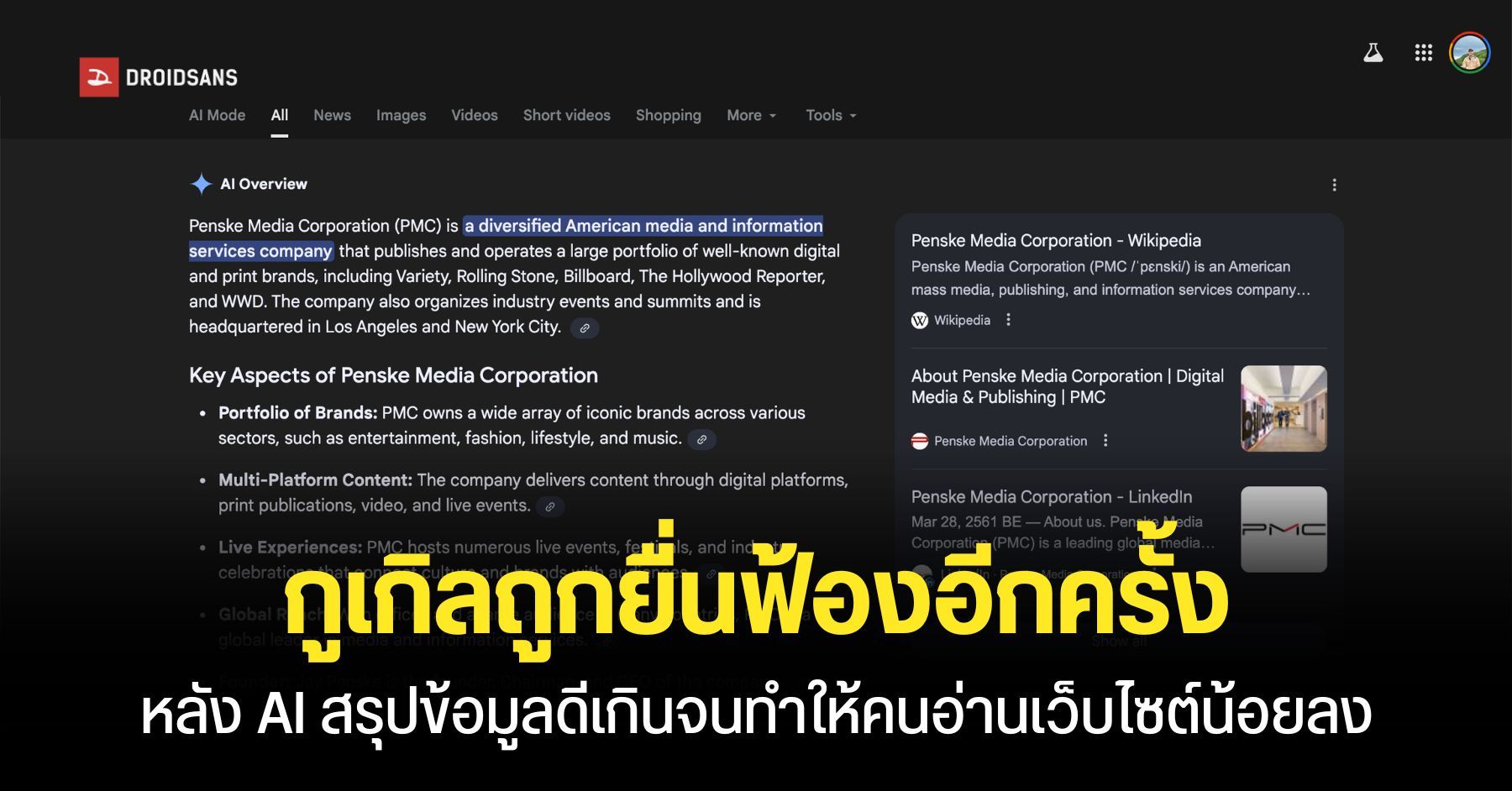 Google โดนสื่อใหญ่ในสหรัฐอเมริกายื่นฟ้อง หลังฟีเจอร์ AI Overviews ถูกมองว่าทำให้คนอ่านเว็บน้อยลง ...